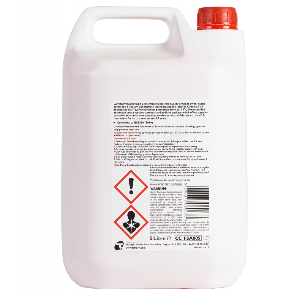 Carplan Premium Red Antifreeze & Coolant 5L - Tetrosyl Express Ltd